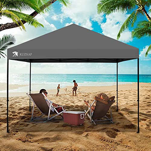 KUZNAP 12’x12’ Pop up Canopy Tent Patented EZ Set up Instant Outdoor Canopy with Wheeled Carry Bag Bonus 4 Weight Sandbags, 8 Stakes and 4 Ropes, Grey