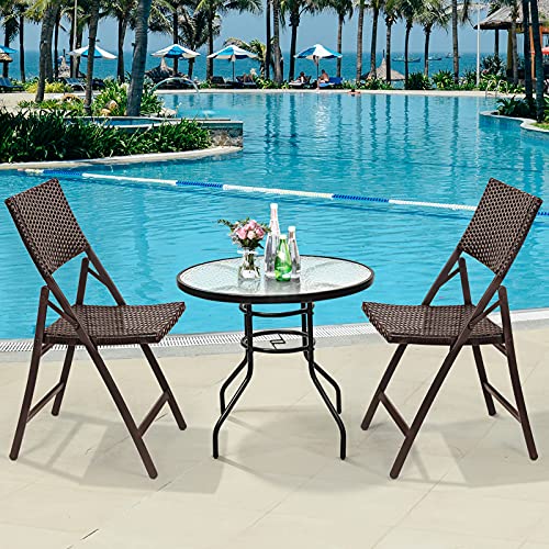 Tangkula 2 Pieces Patio Rattan Folding Dining Chairs, Outdoor Wicker Folding Chairs with Anti-Rust Steel Frame, Portable Patio Furniture Bistro Chairs for Garden, Poolside and Backyard