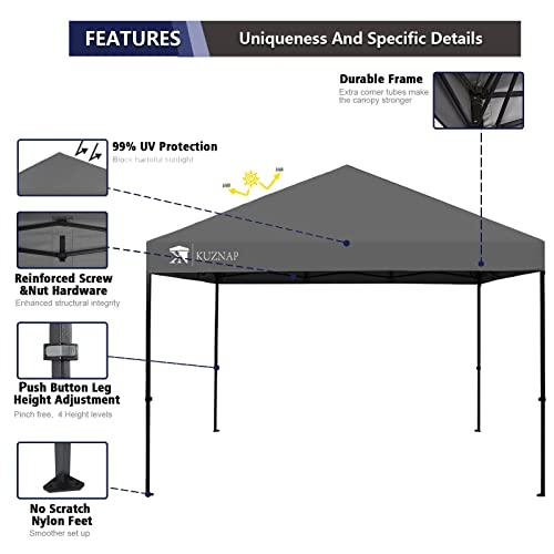 KUZNAP 12’x12’ Pop up Canopy Tent Patented EZ Set up Instant Outdoor Canopy with Wheeled Carry Bag Bonus 4 Weight Sandbags, 8 Stakes and 4 Ropes, Grey