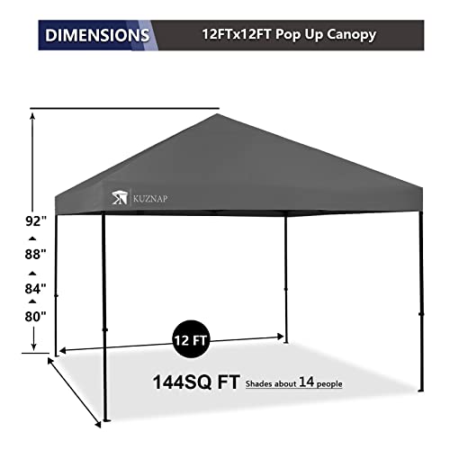 KUZNAP 12’x12’ Pop up Canopy Tent Patented EZ Set up Instant Outdoor Canopy with Wheeled Carry Bag Bonus 4 Weight Sandbags, 8 Stakes and 4 Ropes, Grey