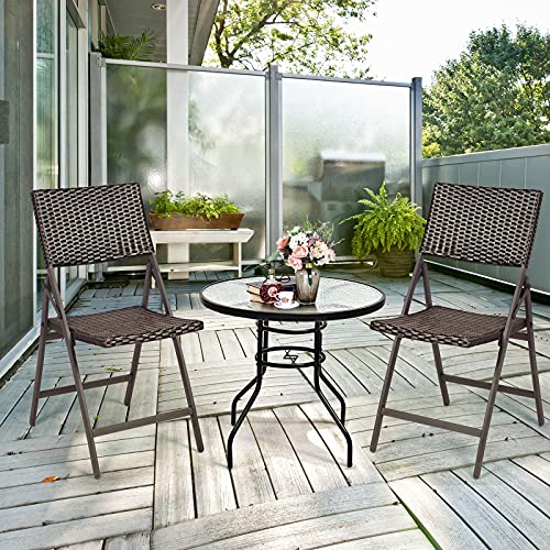 Tangkula 2 Pieces Patio Rattan Folding Dining Chairs, Outdoor Wicker Folding Chairs with Anti-Rust Steel Frame, Portable Patio Furniture Bistro Chairs for Garden, Poolside and Backyard