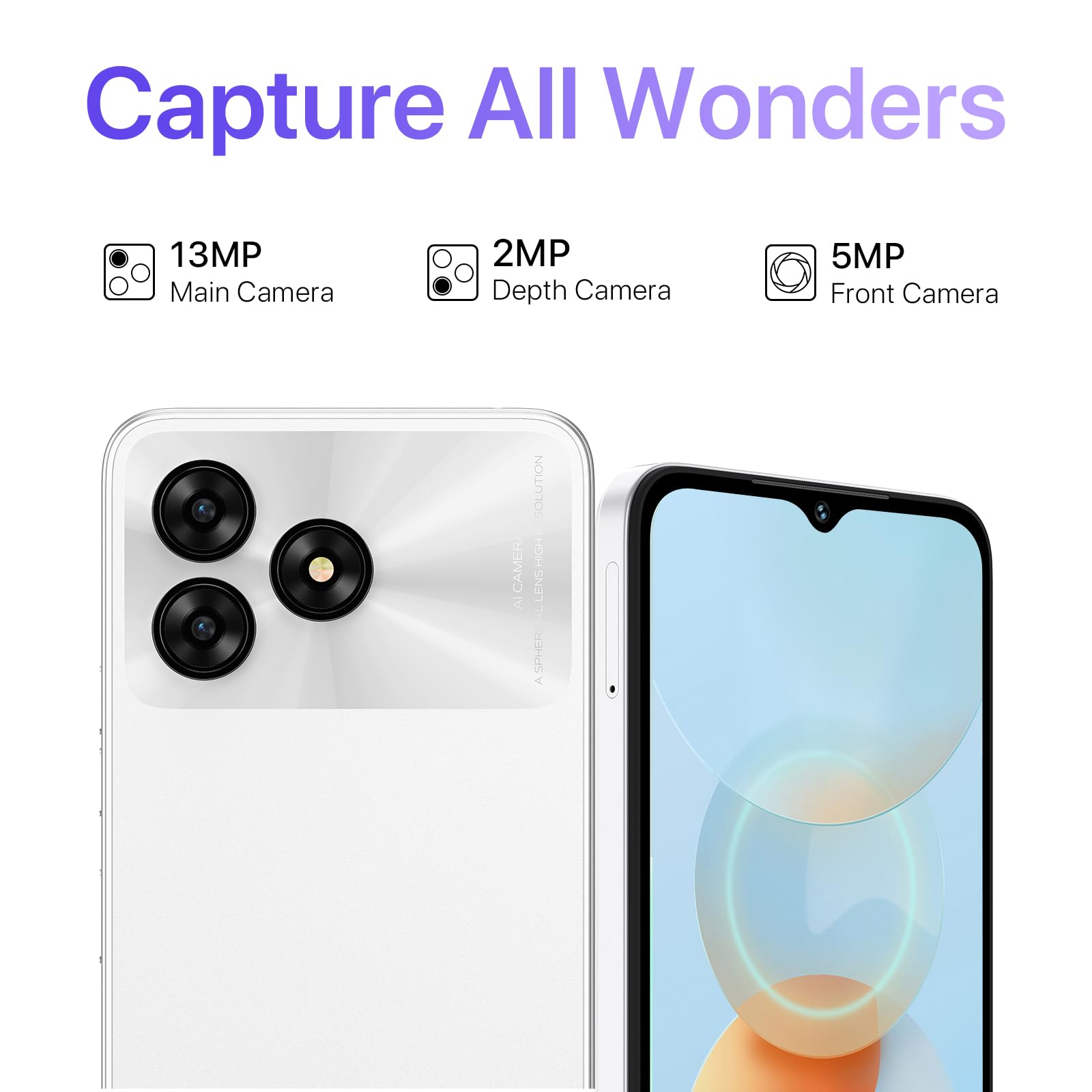 UMIDIGI Unlocked Cell Phone, G5A MTK Helio A22 4+4GB +64GB Android 13 Smartphone Unlocked with 6.52" Full Screen, 13MP+2MP+5MP AI Triple Camera, 5000mAh Battery Fast Charging Mobile Phones,White