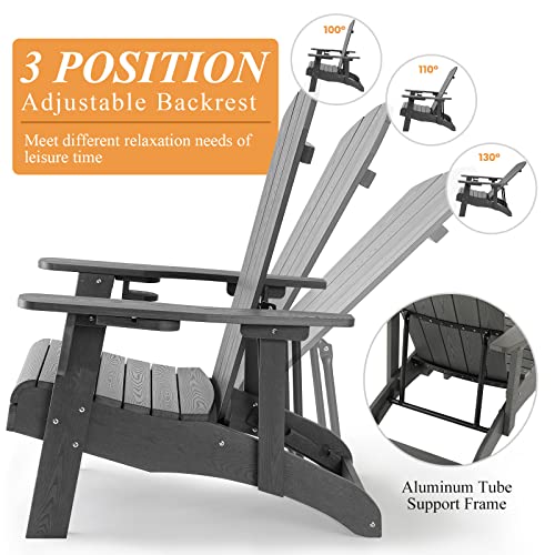 Leteuke Adirondack Chair with Ottoman, Oversized Adirondack Chair with Adjustable Backrest and 2 Cup Holder, Weather Resistant Adirondack Chair for Patio, Outdoor, Fire Pit, Garden, Deck, Dark Gray