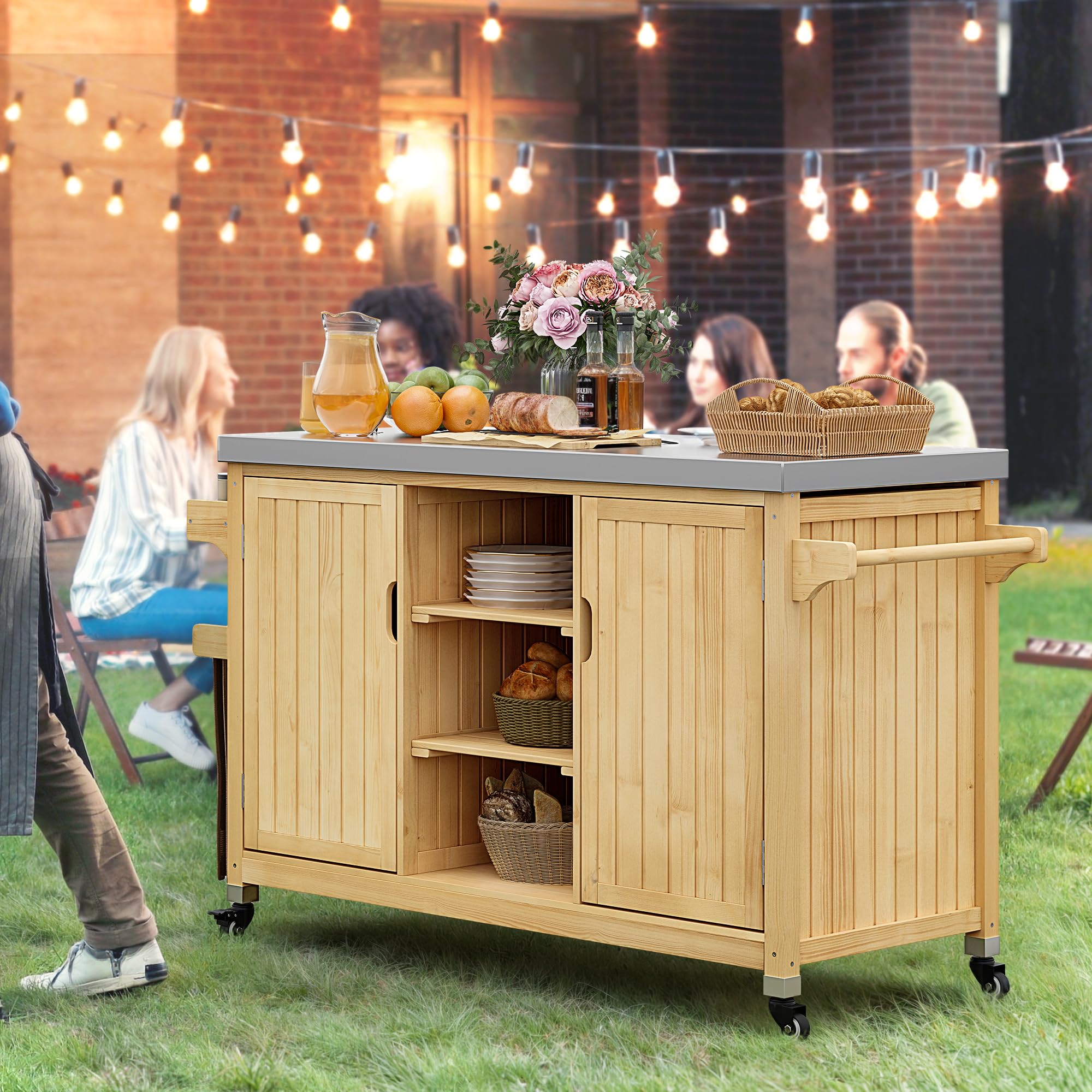 YITAHOME XL Solid Wood Outdoor Table and Storage Cabinet, 59.64’’L x 23.62’’W Movable Grill Table with Stainless Steel Top, Side Handle, Spice Rack for Outside, Patio Bar, Outdoor Kitchen Island