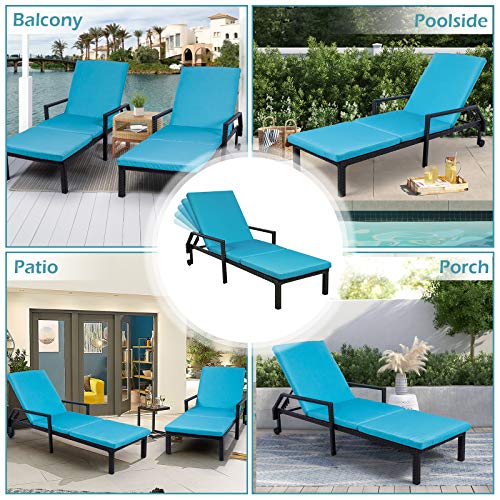 YODOLLA Outdoor Rattan Chaise Lounge Chair with Adjustable Backrest, Wicker Reclining Lounge Chair w/Removable Cushion and Wheels for Beach, Patio, Garden, Porch, Poolside, Backyard, Balcony, Blue