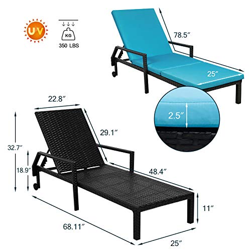 YODOLLA Outdoor Rattan Chaise Lounge Chair with Adjustable Backrest, Wicker Reclining Lounge Chair w/Removable Cushion and Wheels for Beach, Patio, Garden, Porch, Poolside, Backyard, Balcony, Blue