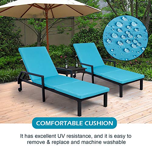 YODOLLA Outdoor Rattan Chaise Lounge Chair with Adjustable Backrest, Wicker Reclining Lounge Chair w/Removable Cushion and Wheels for Beach, Patio, Garden, Porch, Poolside, Backyard, Balcony, Blue