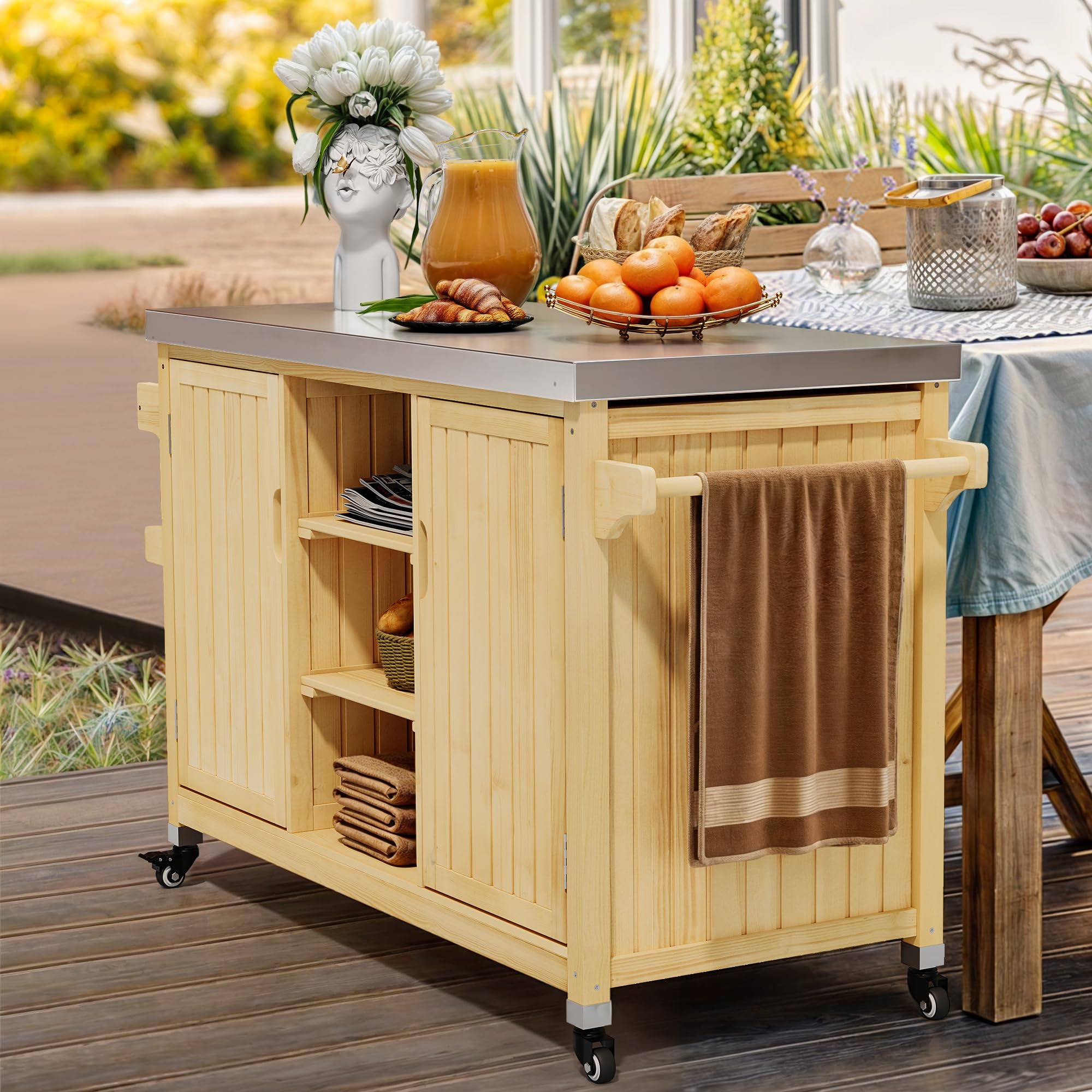 YITAHOME XL Solid Wood Outdoor Table and Storage Cabinet, 59.64’’L x 23.62’’W Movable Grill Table with Stainless Steel Top, Side Handle, Spice Rack for Outside, Patio Bar, Outdoor Kitchen Island