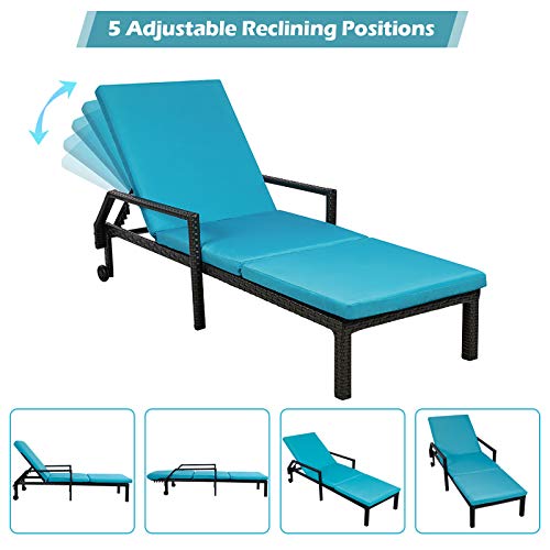 YODOLLA Outdoor Rattan Chaise Lounge Chair with Adjustable Backrest, Wicker Reclining Lounge Chair w/Removable Cushion and Wheels for Beach, Patio, Garden, Porch, Poolside, Backyard, Balcony, Blue