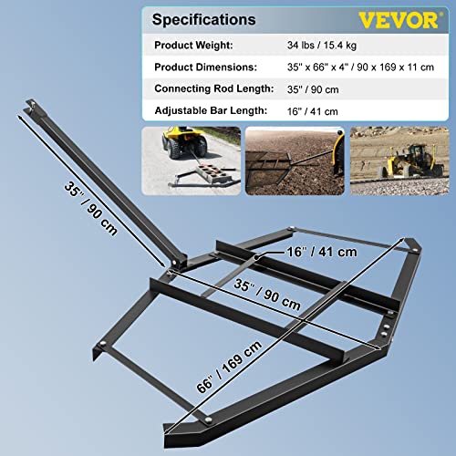 VEVOR Driveway Drag 66" Width, Tow Behind Drag Harrow 35" Length, 4" Height, Driveway Tractor Harrow with 2 Adjustable Bars, Heavy Duty Steel, Driveway Grader for ATV, UTV, Garden Lawn Tractors