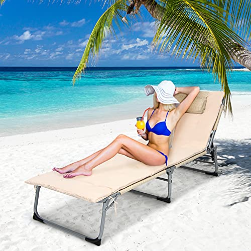 GYMAX Lounge Chair for Outside, 27β Oversize Beach Chaise Lounge with Removable Cushion & Adjustable Backrest, Headrest & Carry Strap, Tri-Fold Beach Layout Tanning Chair for Patio, Poolside(1, Beige)