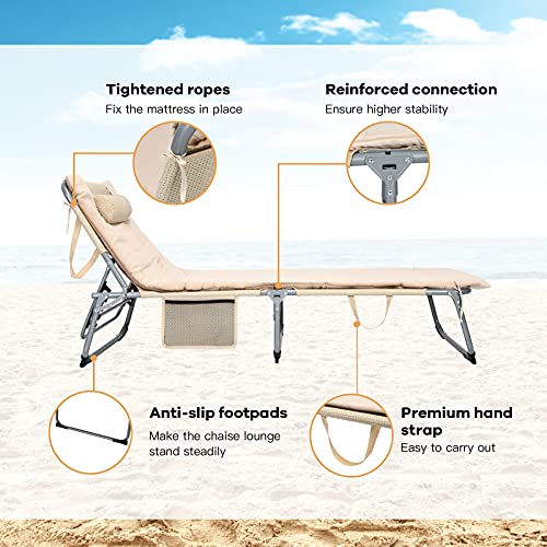 GYMAX Lounge Chair for Outside, 27β Oversize Beach Chaise Lounge with Removable Cushion & Adjustable Backrest, Headrest & Carry Strap, Tri-Fold Beach Layout Tanning Chair for Patio, Poolside(1, Beige)