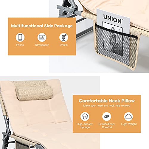 GYMAX Lounge Chair for Outside, 27β Oversize Beach Chaise Lounge with Removable Cushion & Adjustable Backrest, Headrest & Carry Strap, Tri-Fold Beach Layout Tanning Chair for Patio, Poolside(1, Beige)
