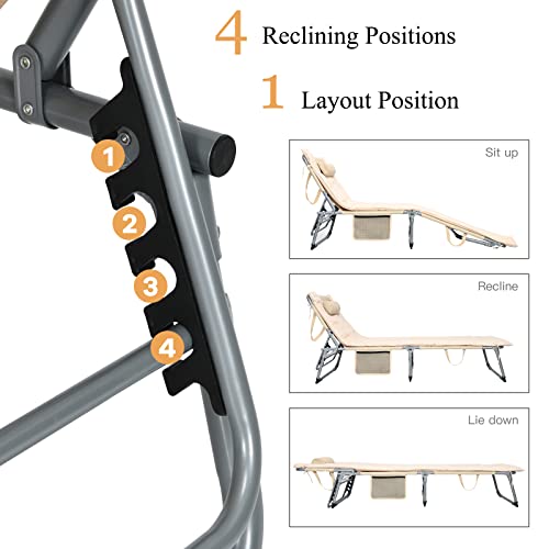 GYMAX Lounge Chair for Outside, 27β Oversize Beach Chaise Lounge with Removable Cushion & Adjustable Backrest, Headrest & Carry Strap, Tri-Fold Beach Layout Tanning Chair for Patio, Poolside(1, Beige)
