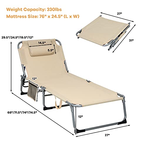 GYMAX Lounge Chair for Outside, 27β Oversize Beach Chaise Lounge with Removable Cushion & Adjustable Backrest, Headrest & Carry Strap, Tri-Fold Beach Layout Tanning Chair for Patio, Poolside(1, Beige)