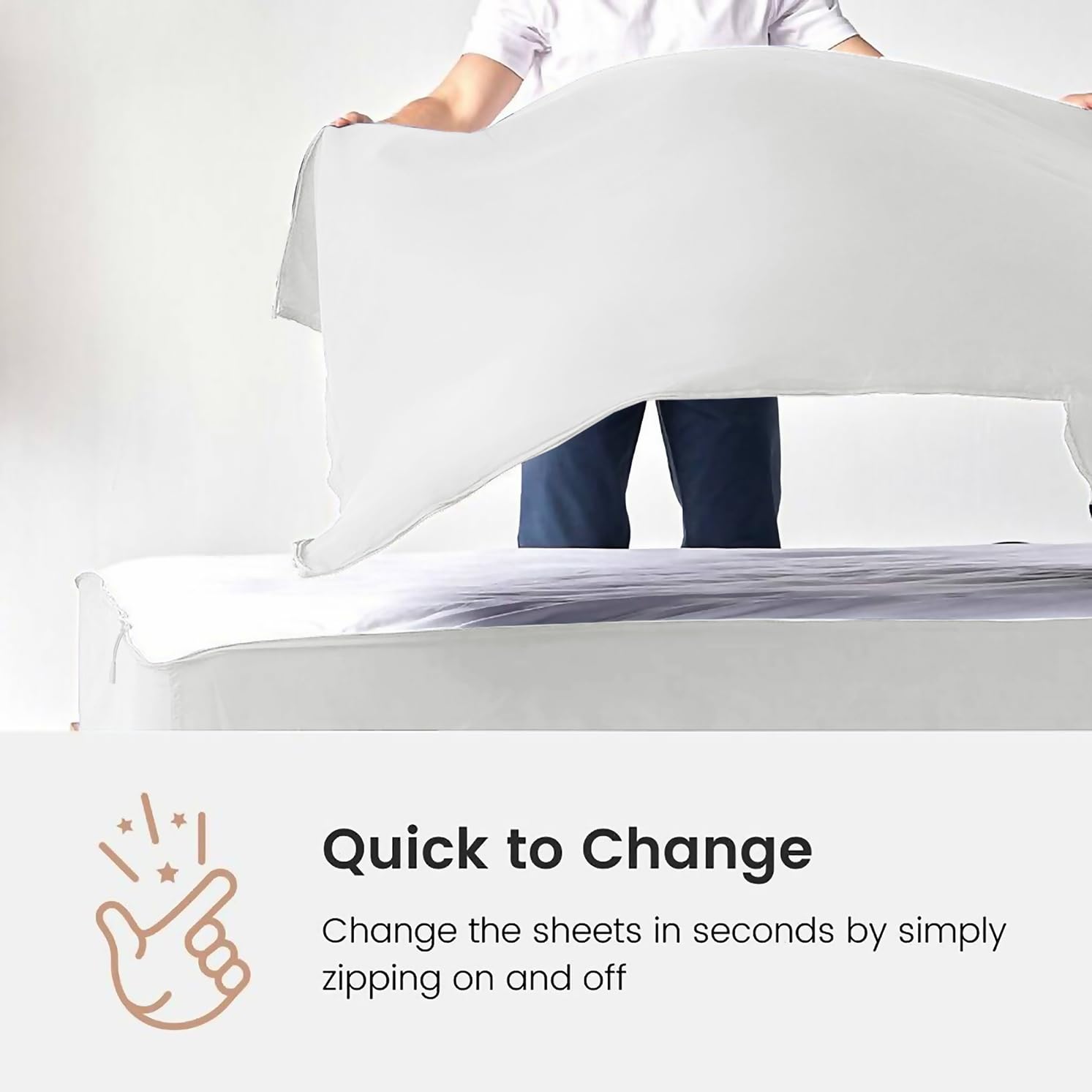 Zip On Fitted Sheet - Includes 2 Zip-On Sheets & 1 Fitted Sheet Base - Upto 16β Inch Deep Pockets Full Size Zipper Fitted Sheets - Soft Cotton 600 TC Fitted Sheet - White