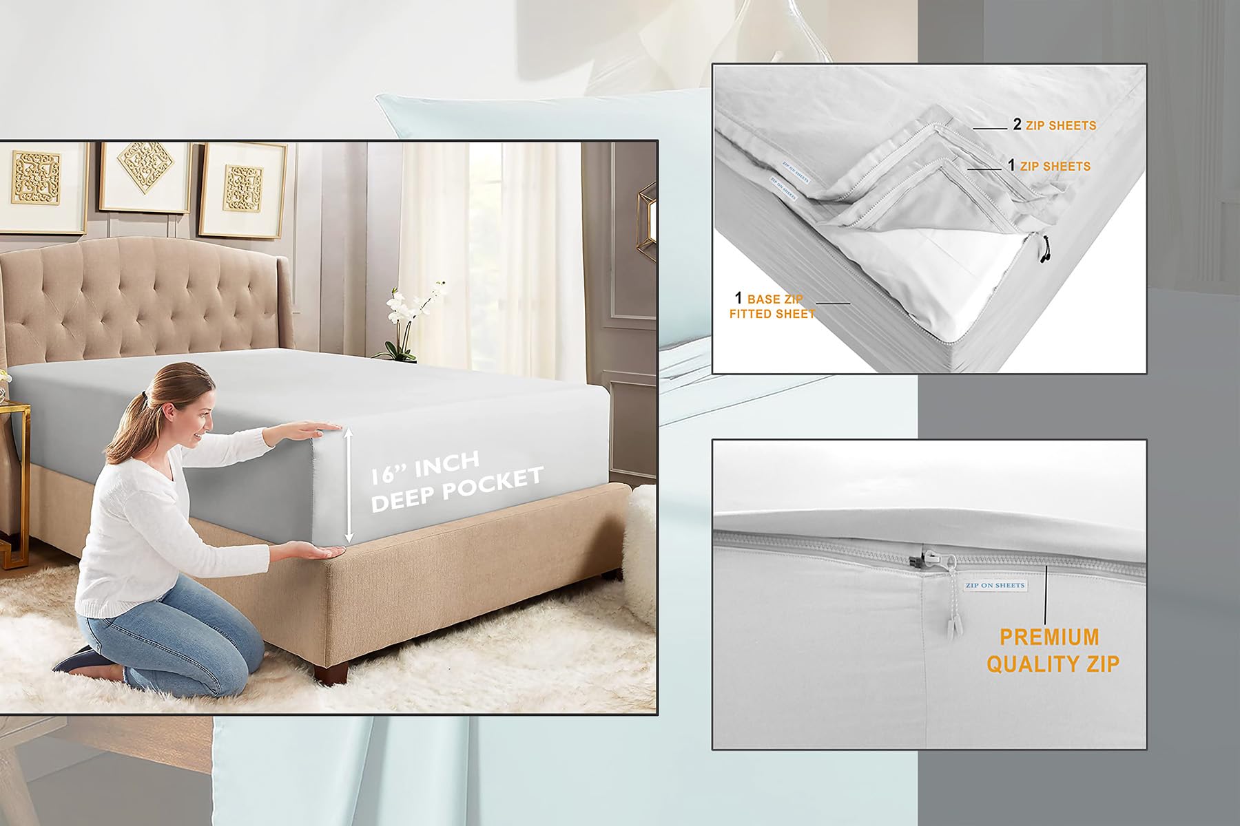 Zip On Fitted Sheet - Includes 2 Zip-On Sheets & 1 Fitted Sheet Base - Upto 16β Inch Deep Pockets Full Size Zipper Fitted Sheets - Soft Cotton 600 TC Fitted Sheet - White