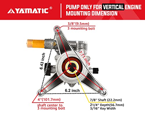 YAMATIC 7/8" Shaft Vertical Pressure Washer Pump 3000 PSI @ 2.5 GPM Replacement Pump for Power Washer, Replacement with Troybilt, Craftsman, Ryobi, Honda, Rear Facing Inlet/Outlet