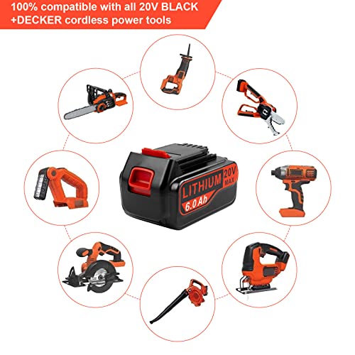 [1Pack] 6.0Ah HIGH Output Long-Lasting 20V Battery for Black+Decker 20 Volt LB20 LBX20 LBXR20 LBXR20B LBXR2020 LBX4020 LB2X4020 LST220 Tool Battery
