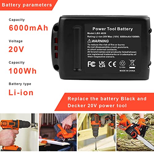 [1Pack] 6.0Ah HIGH Output Long-Lasting 20V Battery for Black+Decker 20 Volt LB20 LBX20 LBXR20 LBXR20B LBXR2020 LBX4020 LB2X4020 LST220 Tool Battery