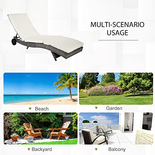 Outsunny Reclining Chaise Lounge Chair, Thickly Cushioned, Rolling Outdoor Plastic Rattan Sun Bathing Chair with Wheels for Poolside, Pool, Patio, Off-White