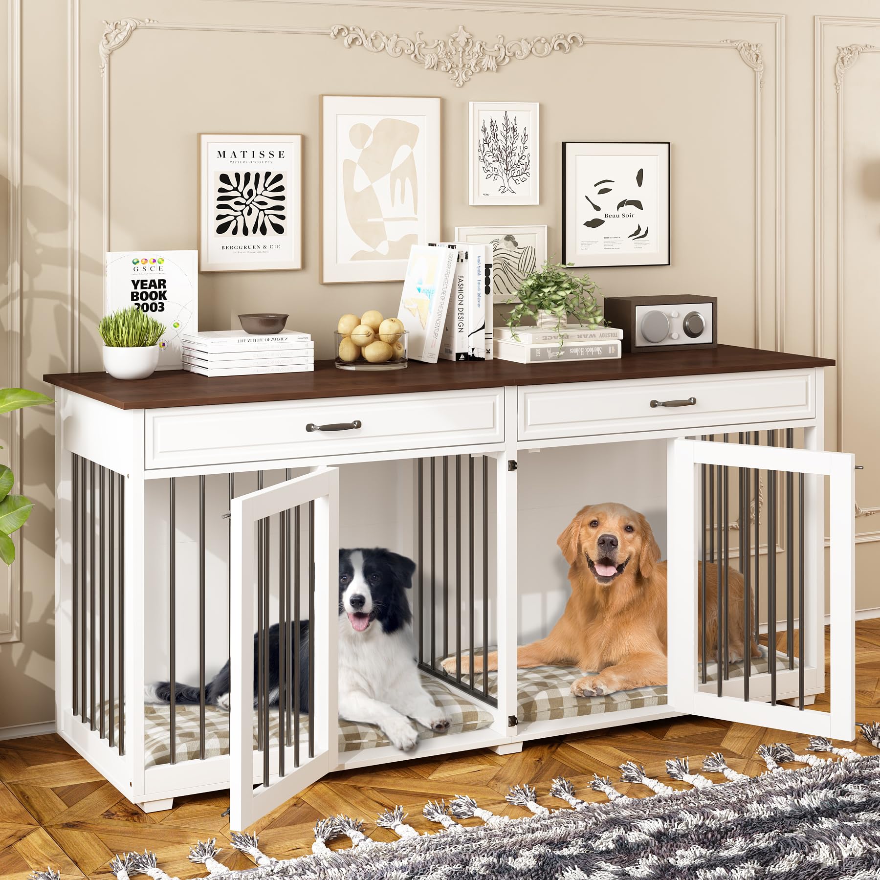 MOOLIVE Large Double Dog Crate Furniture, 72.4" Wooden Dog Crate Furniture with Divider and 2 Drawers, XXL Heavty Duty Dog Crates Furniture for 2 Medium or Large Dogs Indoor, White + Walnut