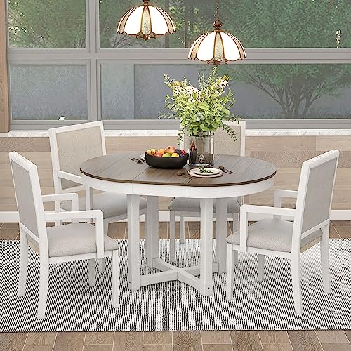 WOZNLA Room 5-Piece Set-Round to Oval Extendable Butterfly Leaf Wood Table with 4 Upholstered Dining Chairs with Armrests for Kitchen and Family, White