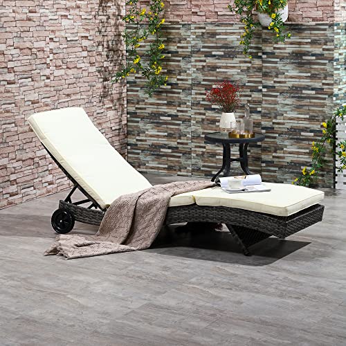 Outsunny Reclining Chaise Lounge Chair, Thickly Cushioned, Rolling Outdoor Plastic Rattan Sun Bathing Chair with Wheels for Poolside, Pool, Patio, Off-White