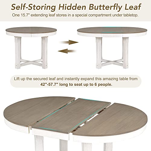 WOZNLA Room 5-Piece Set-Round to Oval Extendable Butterfly Leaf Wood Table with 4 Upholstered Dining Chairs with Armrests for Kitchen and Family, White