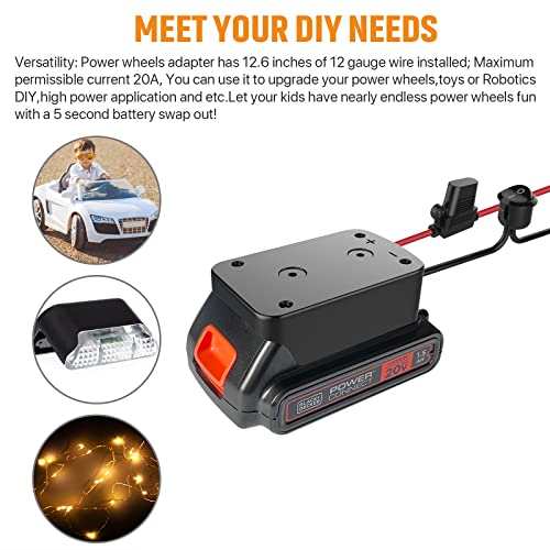 Power Wheel Adapter with Fuse&Switch,Secure Battery Adapter for Black+Decker 20V MAX Lithium Battery,with 12 Gauge Wire,Good Power Convertor for DIY Ride On Truck,Robotics,RC Toys and Work Lights