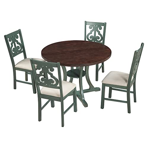 WOZNLA 5-Piece Round Table Set for 4-Special-Shaped Legs, Exquisitely Designed Hollow Chair Back in Dining Room, Antique Blue