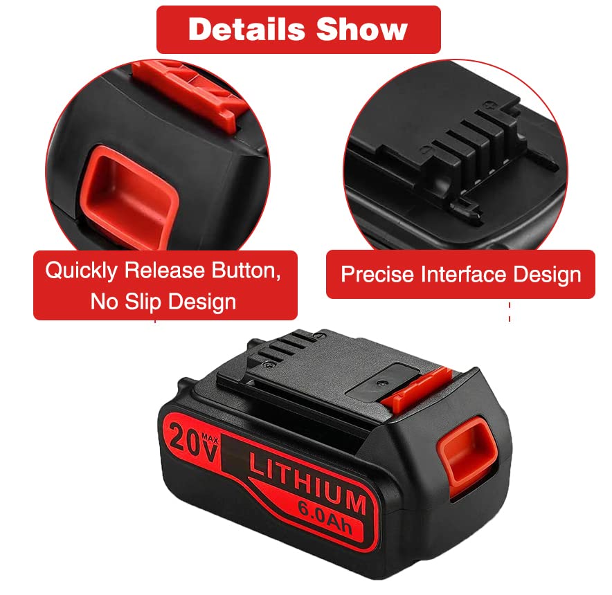 VANON 2Pack Lithium LB2X4020 6.0Ah 20V MAX Replacement for Black and Decker 20V Battery LBXR20 LBXR20-OPE LB20 LBX20 LBX4020 LB2X4020-OPE