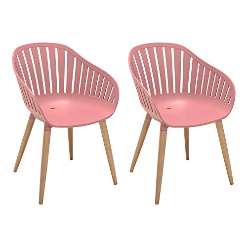 Armen Living Nassau Outdoor Patio Arm Dining Chairs, 17" Seat Height, Set of 2, Eucalyptus and Pink Peony
