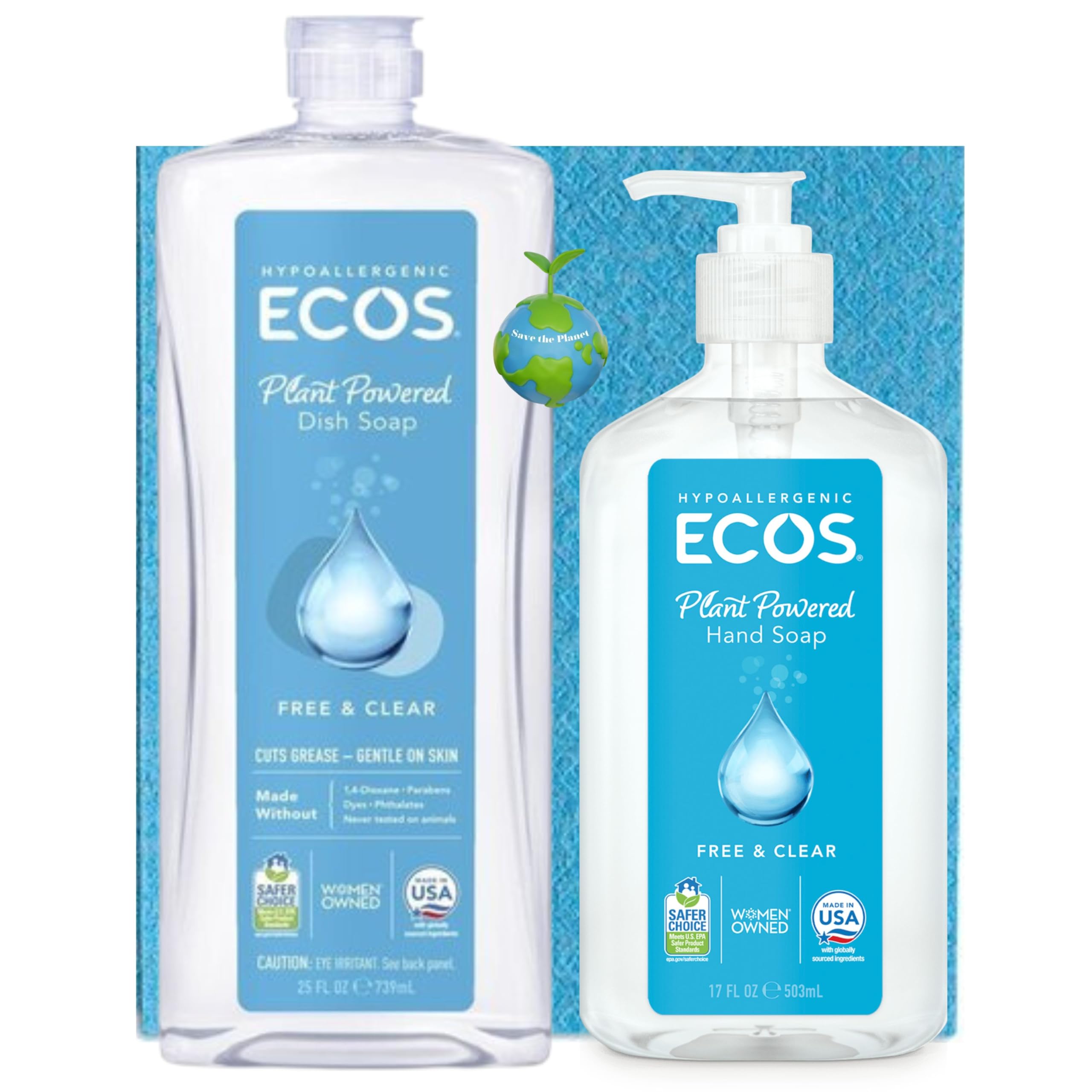 ECOS Non Toxic Dish Soap/Baby Dish Soap/Non Toxic Hand Soap/Biodegradeable Washable Cleaning Sponge/FREE Save the Planet Sticker