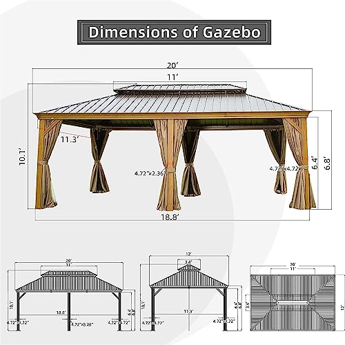 UBGO 12x20FT Hardtop Gazebo,Outdoor Permanent Pavilion with Curtains&Netting,Outdoor Aluminum Wood Grain Gazebos with Galvanized Steel Double Canopy for Patios Deck Backyard,Lawn (Yellow Brown)