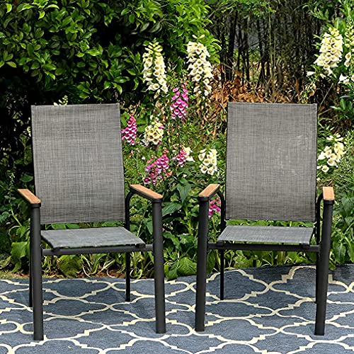 PHI VILLA Patio Stackable Dining Chairs, Lightweight Aluminum Outdoor Sling Chairs with Extra Wide Seat & Wood-Like Armrest, Stackable Space Saving Garden Lawn Chairs for All Weather, Set of 2