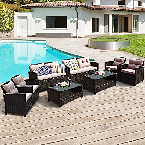 SDGH 8PCS Outdoor Rattan Furniture Set Cushioned Sofa Armrest Table Single Sofa Loveseat