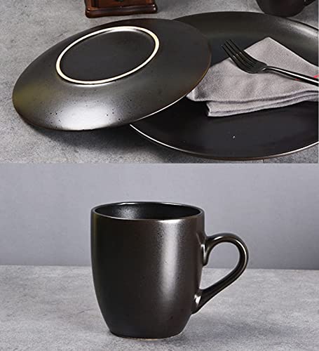 16 Piece Dinnerware Set Service for 4, Round Black Matte Dishes Sets, Includes 4 Dinner Plates 4 Salad Plates, 4 Bowls and 4 Mugs