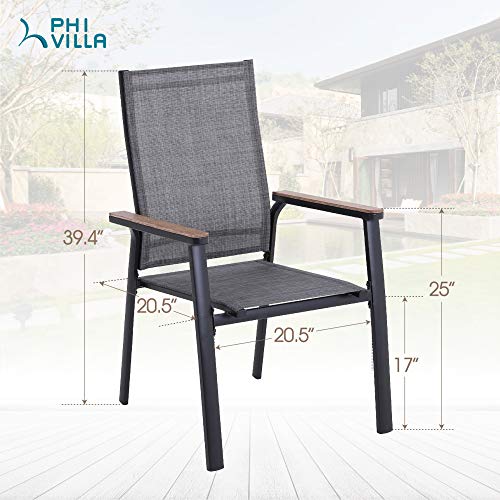 PHI VILLA Patio Stackable Dining Chairs, Lightweight Aluminum Outdoor Sling Chairs with Extra Wide Seat & Wood-Like Armrest, Stackable Space Saving Garden Lawn Chairs for All Weather, Set of 2