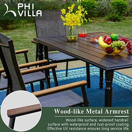 PHI VILLA Patio Stackable Dining Chairs, Lightweight Aluminum Outdoor Sling Chairs with Extra Wide Seat & Wood-Like Armrest, Stackable Space Saving Garden Lawn Chairs for All Weather, Set of 2