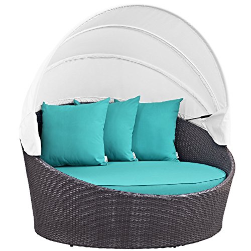 Modway Convene Wicker Rattan Outdoor Patio Retractable Canopy Round Poolside Sofa Daybed in Espresso Turquoise