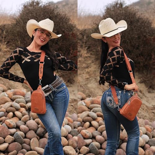 Wrangler Crossbody Sling Bags for Women Cross Body Fanny Pack Purse with Detachable Strap, Distressed Coffee