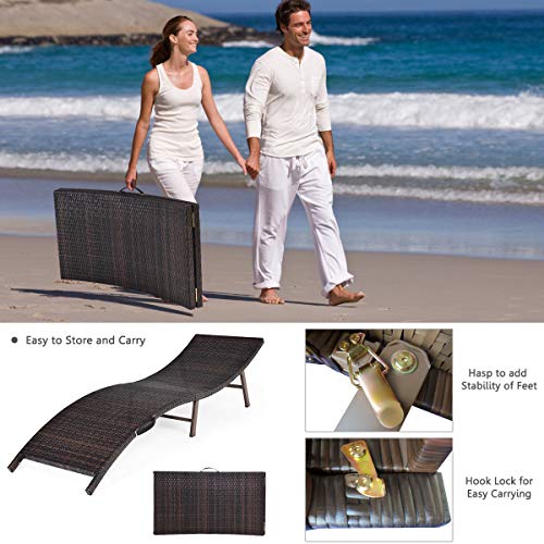 Tangkula 2 Pieces Patio Rattan Chaise Lounge, Outdoor Wicker Lounge Chair, Foldable Chaise Lounge, Suitable for Poolside, Garden, Balcony