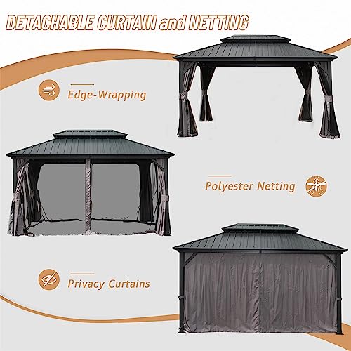 UBGO Outdoor Gazebos 10X12ft,Hardtop Gazebos with Curtains&Netting,Galvanized Steel Double Canopy,Gazebo Outdoor Aluminum Gazebos Grill for Patios Deck Backyard and Lawns