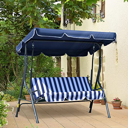 Outsunny 3-Person Porch Swing with Canopy, Patio Swing Chair, Outdoor Canopy Swing Bench with Adjustable Shade, Cushion and Steel Frame, Dark Blue
