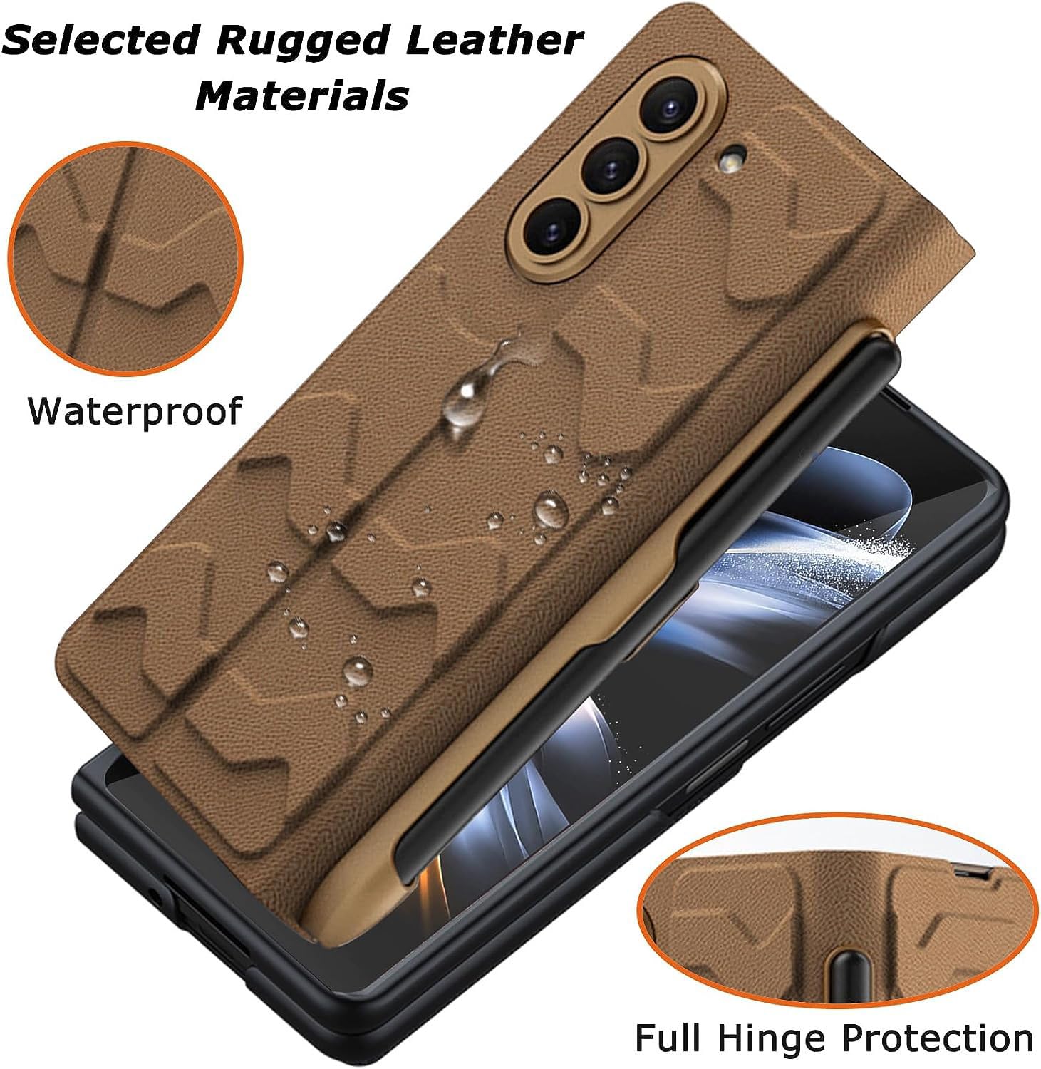 EKSED Leather Case for Samsung Galaxy Z Fold 5 Stand Case with Card Slot & Screen Protector,360° Full Body Hinge Protection Leather Cover Wallet Case for Galaxy Z Fold 5 5G Phone Case Brown