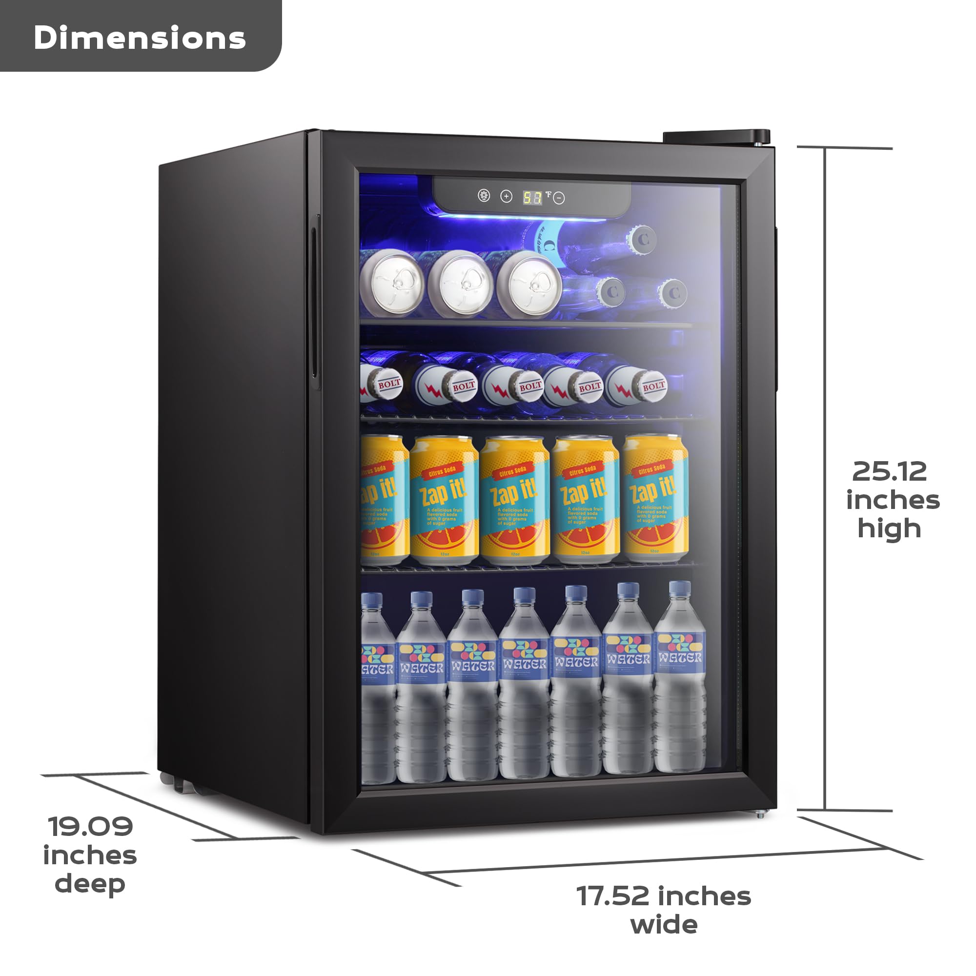 LAUREL CANYON Beverage Refrigerator-Mini Fridge, 95 Can Glass Door for Soda, Beer, Wine Small Drink Dispenser Cooler for Office, Bar, 2.6 cu ft, Black