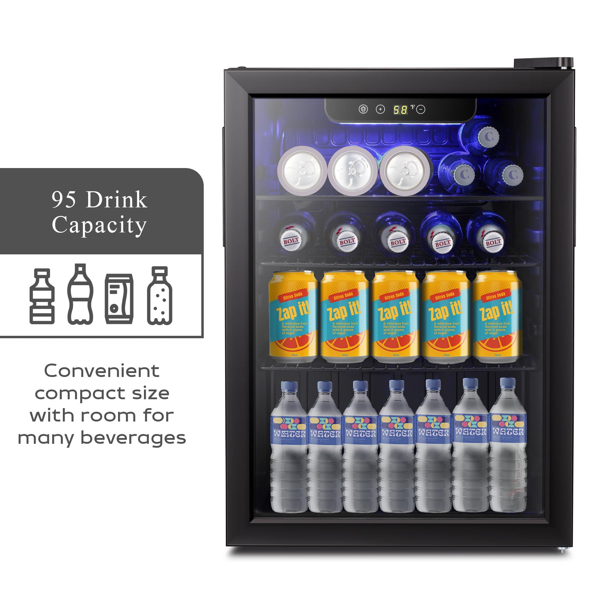 LAUREL CANYON Beverage Refrigerator-Mini Fridge, 95 Can Glass Door for Soda, Beer, Wine Small Drink Dispenser Cooler for Office, Bar, 2.6 cu ft, Black