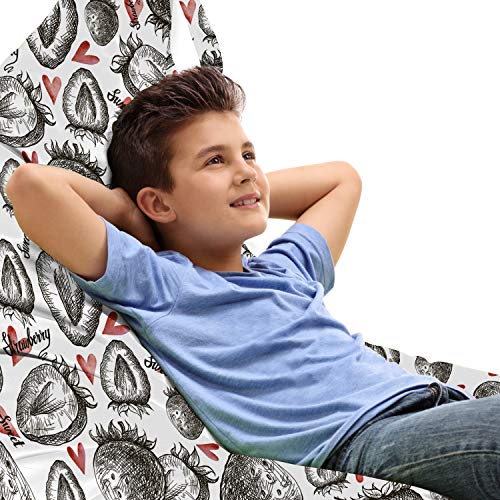 Ambesonne Strawberry Lounger Chair Bag, Fruits Pattern with Hearts Childish Gardening Farming Sketchy, High Capacity Storage with Handle Container, Lounger Size, Grey Vermilion and White