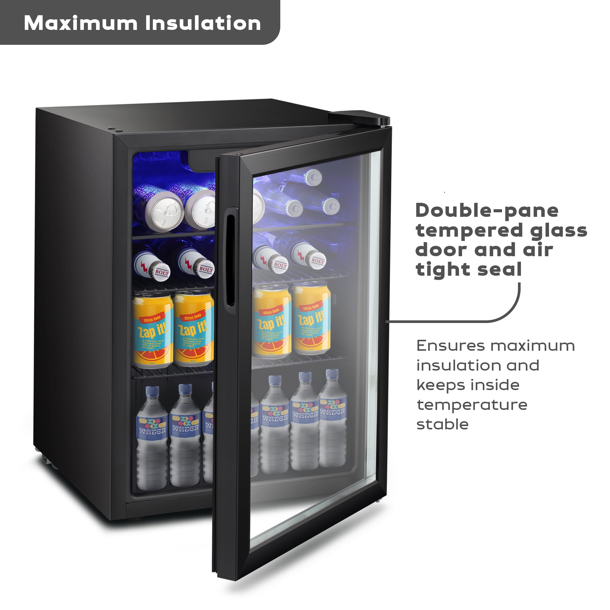 LAUREL CANYON Beverage Refrigerator-Mini Fridge, 95 Can Glass Door for Soda, Beer, Wine Small Drink Dispenser Cooler for Office, Bar, 2.6 cu ft, Black